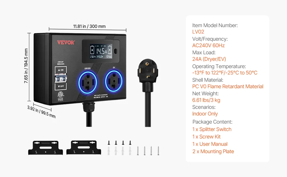 NEMA Splitter for Dryer and EV NEMA 14-30P 2x 14-30R 3.4'' LCD Screen ...