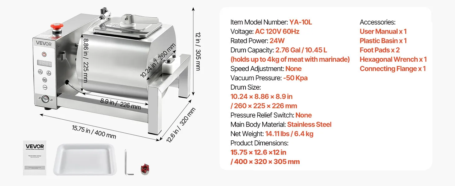 VEVOR Meat Tumbler Marinator, 10L Vacuum Tumbler Marinating Machine ...