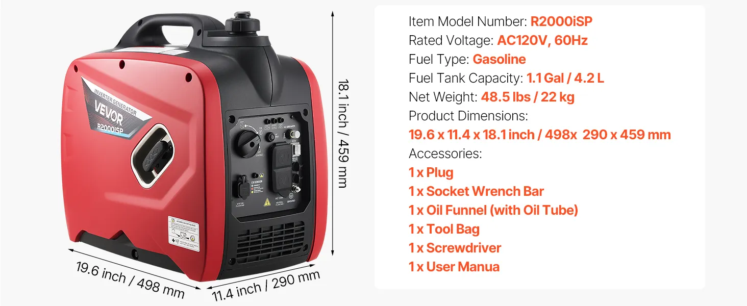 VEVOR Inverter Generator, 2900W Peak Watt Quiet Inverter Generator ...