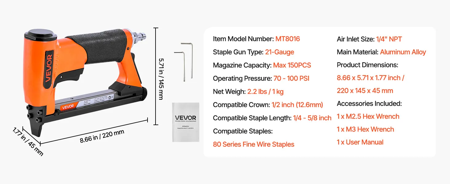 VEVOR Pneumatic Staple Gun, 21 Gauge Air Upholstery Stapler for 80 ...