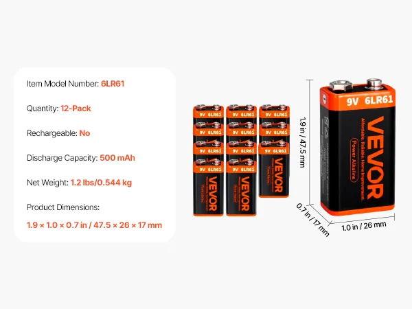 VEVOR 9V Square Battery | 12-Pack Long-Lasting Power