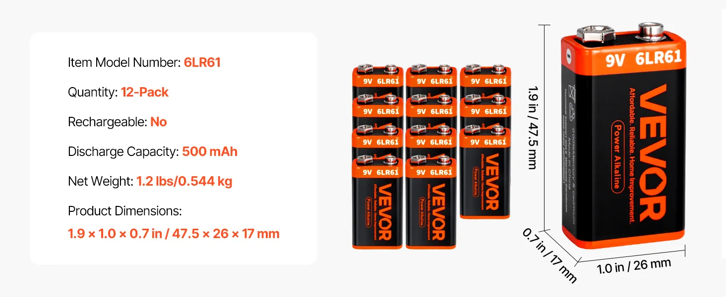 VEVOR 9V Square Battery | 12-Pack Long-Lasting Power