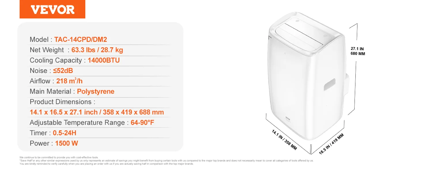 VEVOR 14,000 BTU Portable Air Conditioners, 3-in-1 Portable AC Unit ...