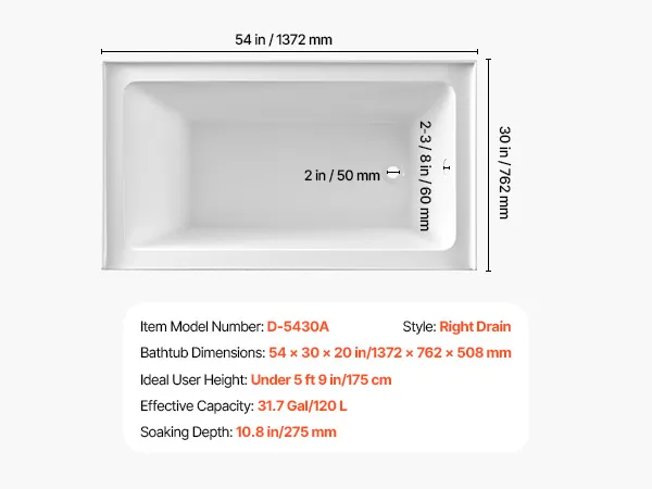 VEVOR Alcove Bathtub, 54" x 30" Contemporary Alcove Acrylic Bathtub ...