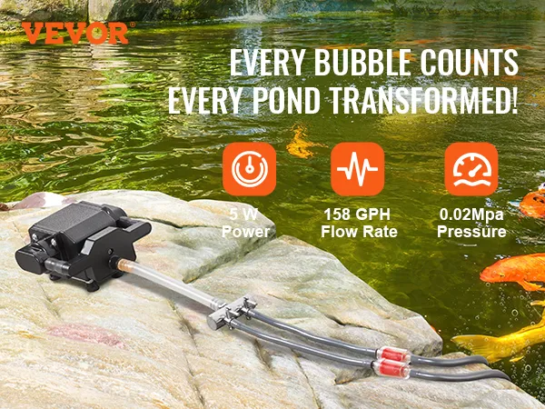 VEVOR Pond Aeration Kit, 2 Outlets Pond Aerator for up to 1000 Gallons, 5 W All-in-One Pond Air ...