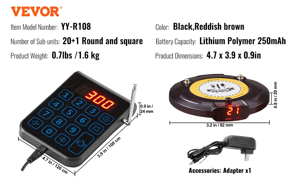 VEVOR Restaurant Pager System, Wireless 500m Long Range Lineup Waiting ...