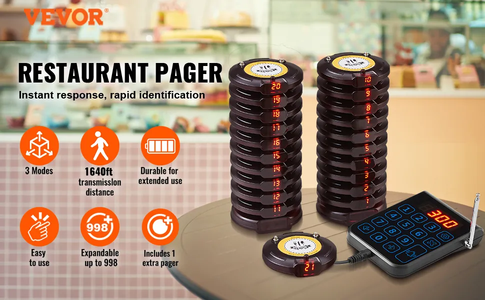 VEVOR Restaurant Pager System, Wireless 500m Long Range Lineup Waiting ...
