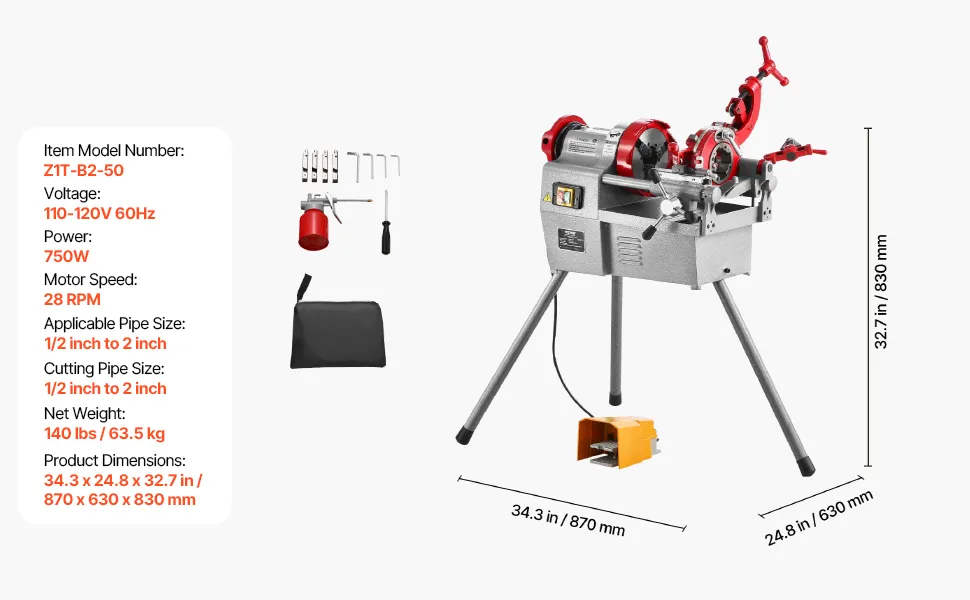 VEVOR Electric Pipe Threader Machine, 750W 28RPM Threading Cutting ...