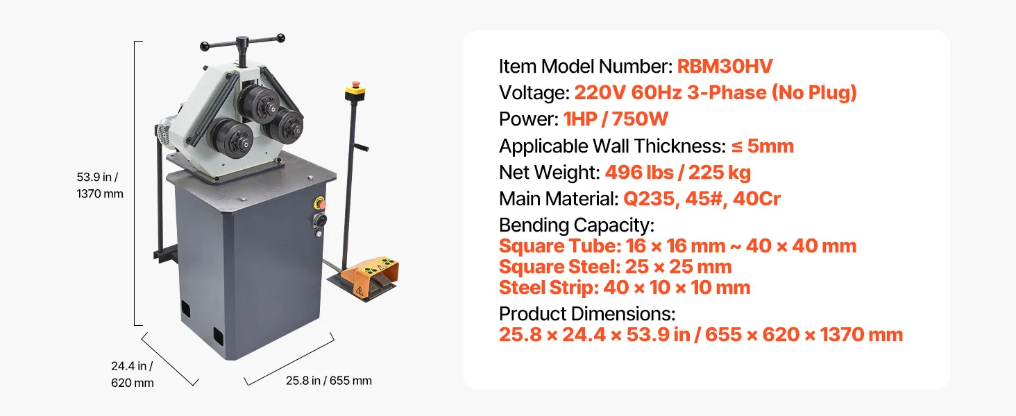 VEVOR 3 Roll Tube Bender – 750W Electric, 180° Machine, 180°