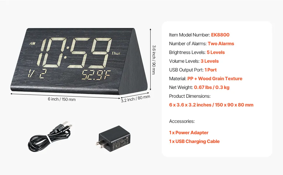 VEVOR Digital Wood Clock Desk – 8-in-1, Adjustable Volume