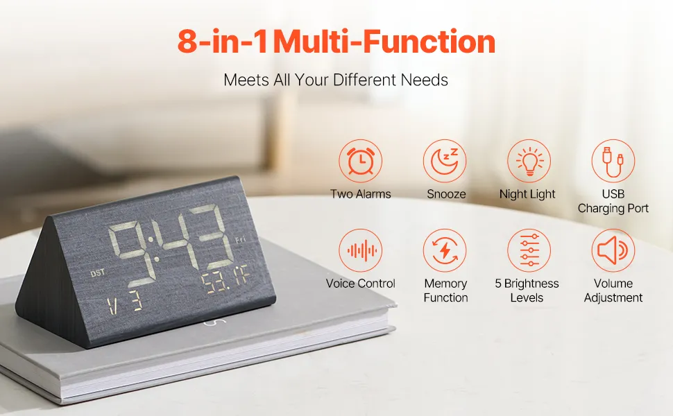 VEVOR Digital Wood Clock Desk – 8-in-1, Adjustable Volume