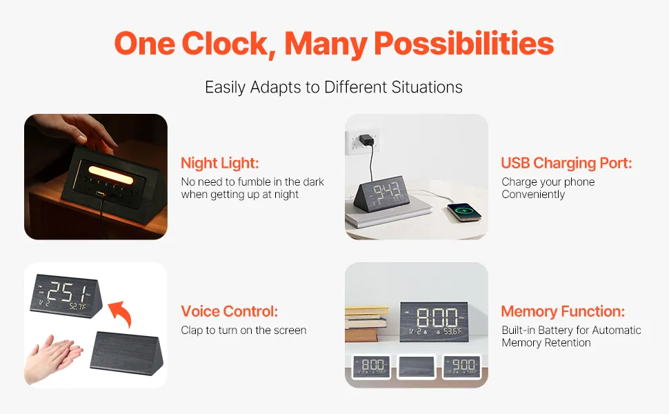 VEVOR Digital Wood Clock Desk – 8-in-1, Adjustable Volume