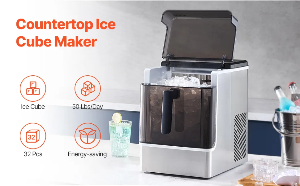 VEVOR Countertop Ice Maker, 32 Cubes Ready in 15 Mins, 46lbs in 24Hrs ...