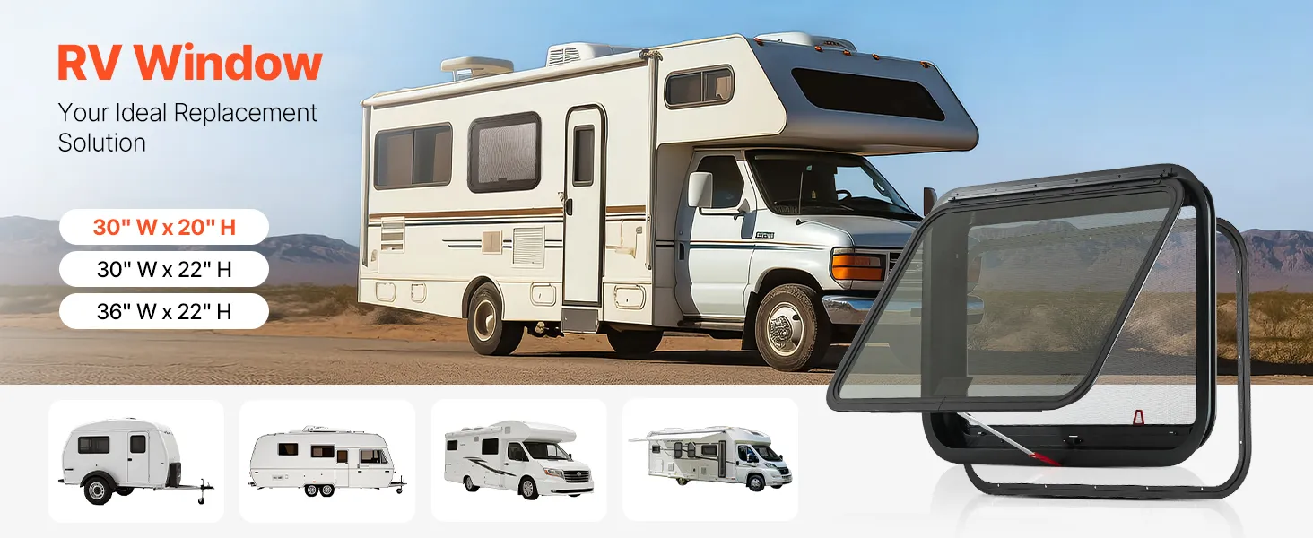VEVOR RV Exit Window, 30" W x 20" H Tinted RV Window with Net Screen ...
