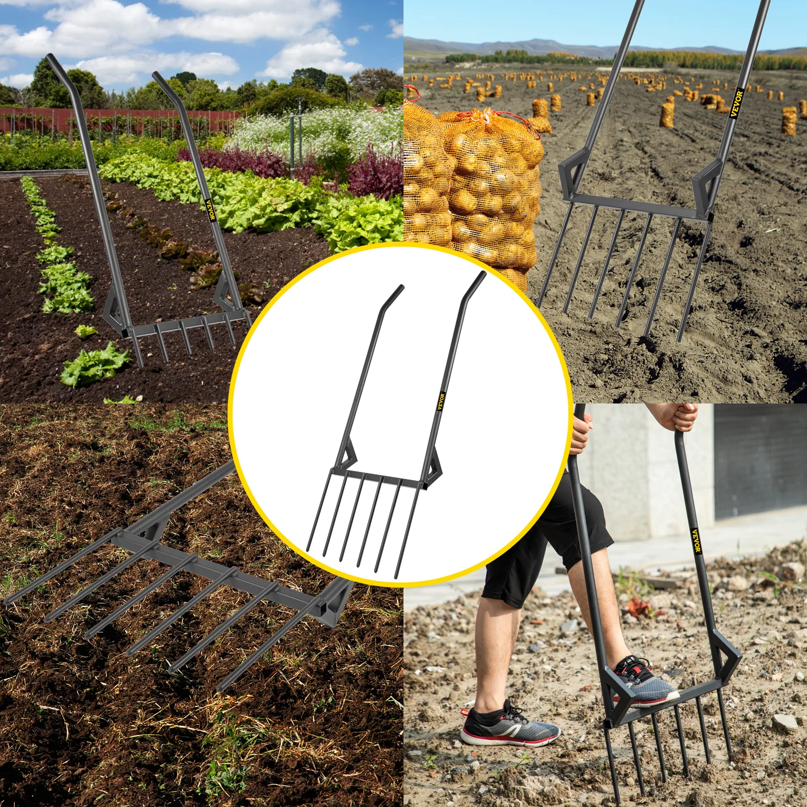 VEVOR Broad Fork Tool, 6 Tines 20 in Wide Hand Tiller Broadfork, U ...
