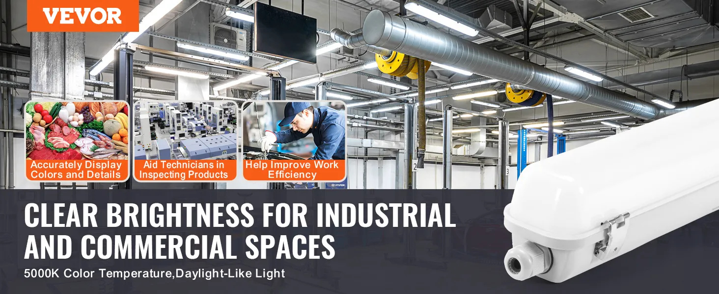 VEVOR 4FT LED Vapor Tight Light, 60W, 7400LM Vapor Proof Light Fixture with 5000K IP65 ...
