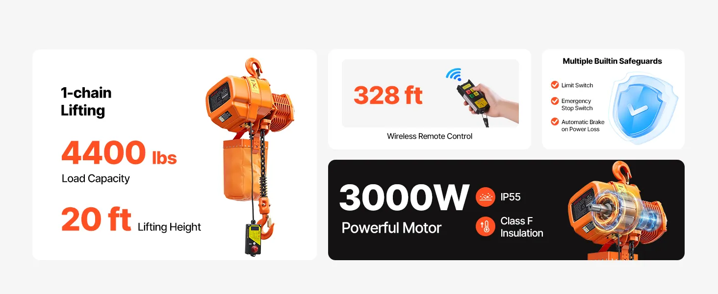 VEVOR 4400 lbs Electric Chain Hoist, 20 ft Lifting Height, Three-Phase ...