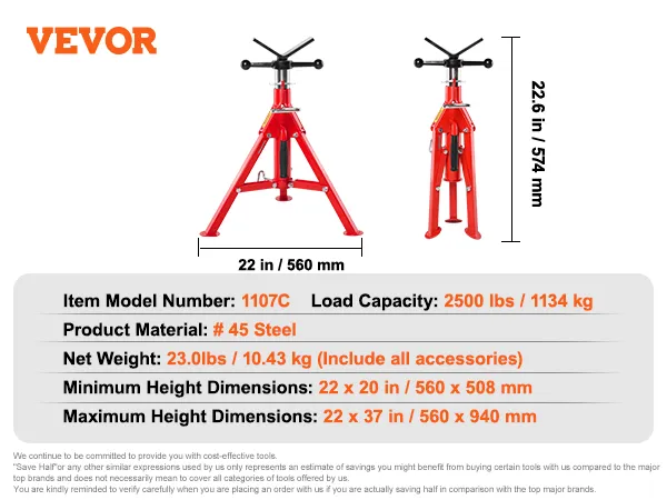VEVOR V Head Pipe Stand 1/8"-12" Capacity,Adjustable Height 20"-37 ...