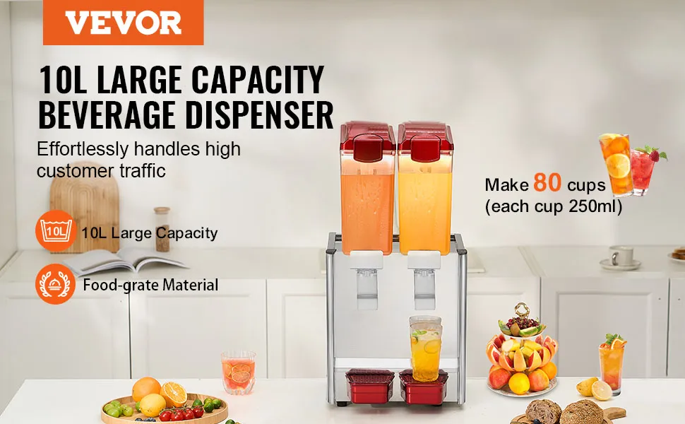 VEVOR Commercial Beverage Dispenser, 2 Tanks 10 L / 10.6 QT Per Tank ...