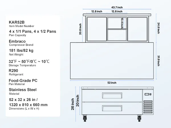 VEVOR Chef Base Refrigerator, 52" W Commercial Chef Bases Worktop Refrigerators, 2-Drawer Under ...