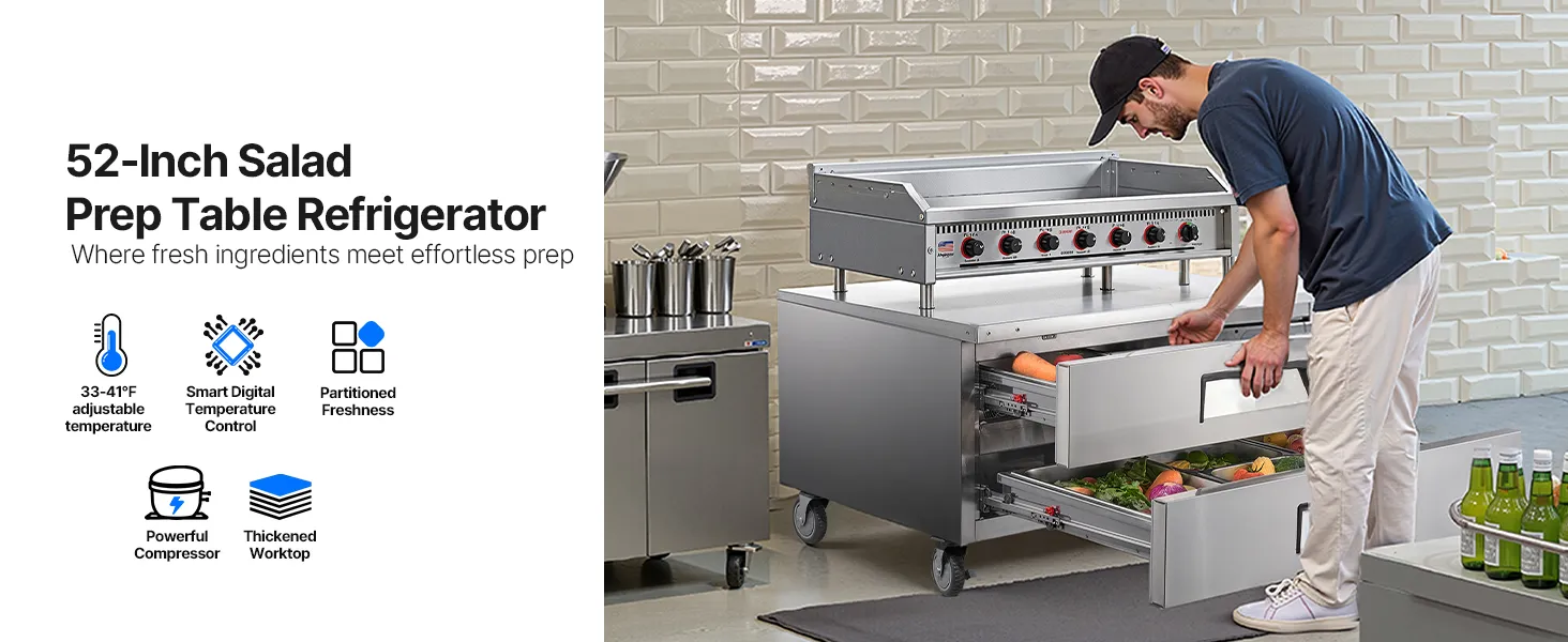 VEVOR Chef Base Refrigerator, 52" W Commercial Chef Bases Worktop Refrigerators, 2-Drawer Under ...