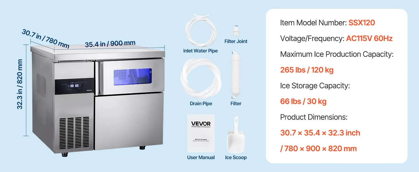VEVOR Commercial Ice Maker Machine, 265 lbs/24H Stainless Steel Ice ...