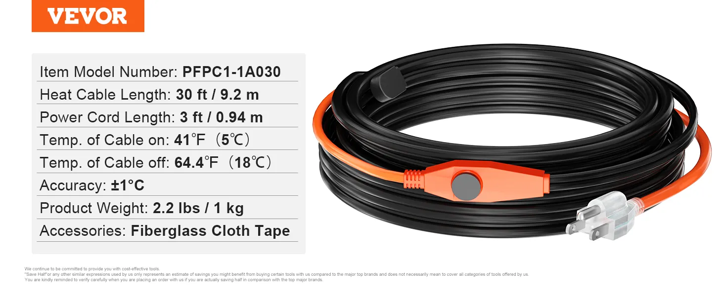 VEVOR Pipe Heating Cable, 30FT 7W/FT Heat Tape for Pipes with Built-in ...