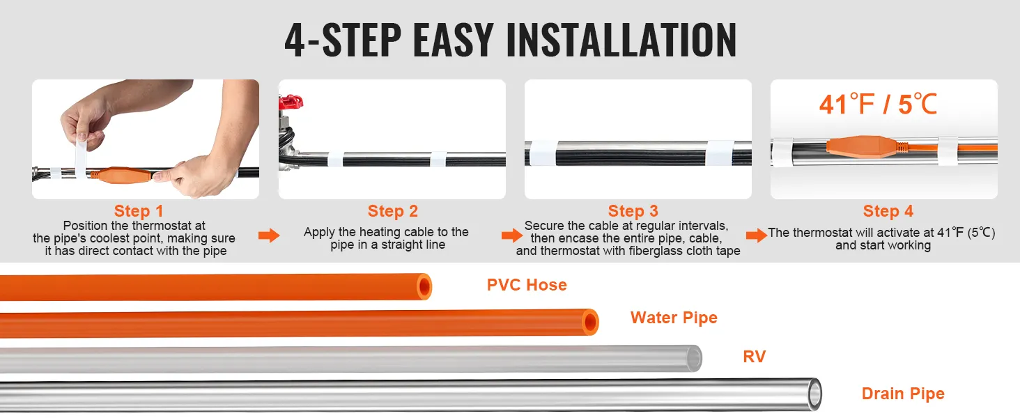 VEVOR Pipe Heating Cable, 30FT 7W/FT Heat Tape for Pipes with Built-in ...