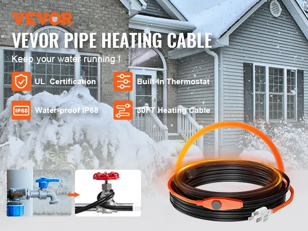 VEVOR Pipe Heating Cable, 30FT 7W/FT Heat Tape for Pipes with Built-in ...