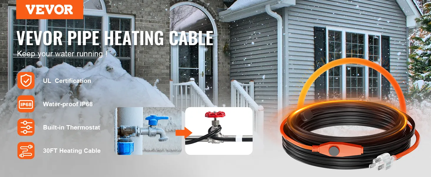 VEVOR Pipe Heating Cable, 30FT 7W/FT Heat Tape for Pipes with Built-in ...