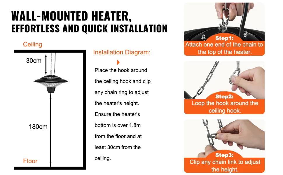 VEVOR Hanging Patio Heater, 1500W Outdoor/Indoor Electric Space ...