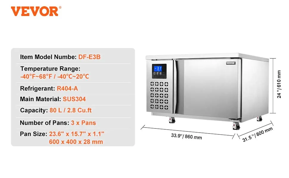 VEVOR Blast Chiller Freezer – 80L, 4 Modes, 3 Trays