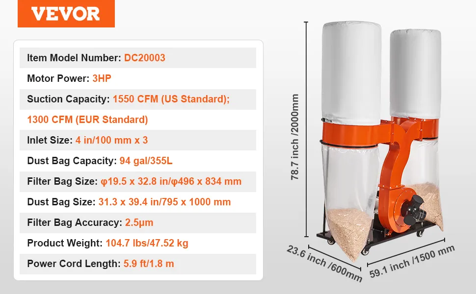 VEVOR Dust Collector, 3HP 1550 CFM Air Flow, Rolling Dual Dust ...