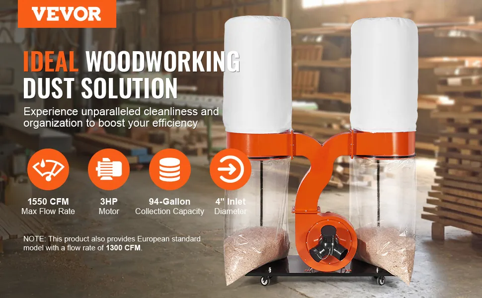 VEVOR Dust Collector, 3HP 1550 CFM Air Flow, Rolling Dual Dust ...