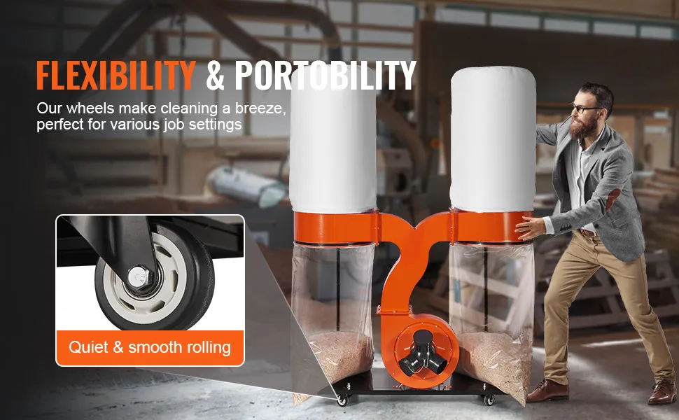 VEVOR Dust Collector, 3HP 1550 CFM Air Flow, Rolling Dual Dust ...
