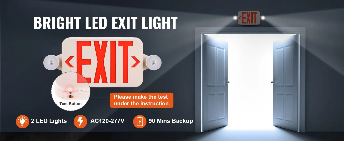 VEVOR LED Exit Sign with Emergency Lights, Two LED Adjustable Heads ...