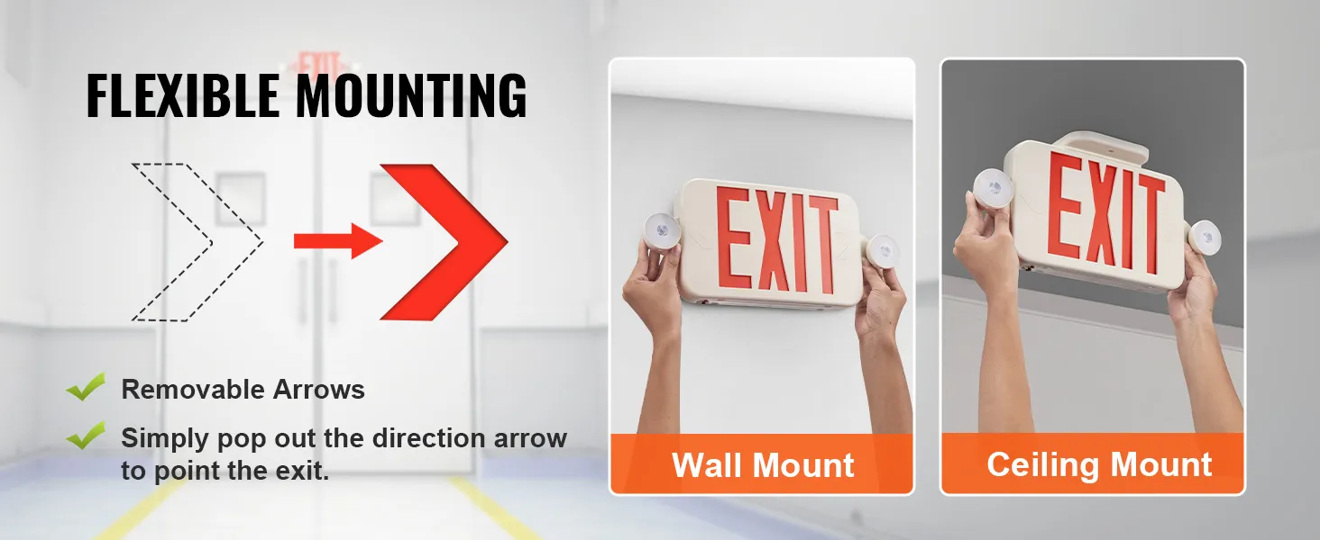 VEVOR LED Exit Sign with Emergency Lights, Two LED Adjustable Heads ...