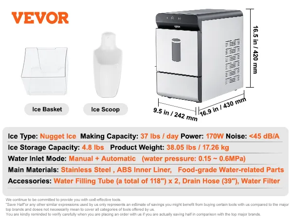 VEVOR Countertop Ice Maker, 37lbs in 24Hrs, Auto Self-Cleaning Portable ...