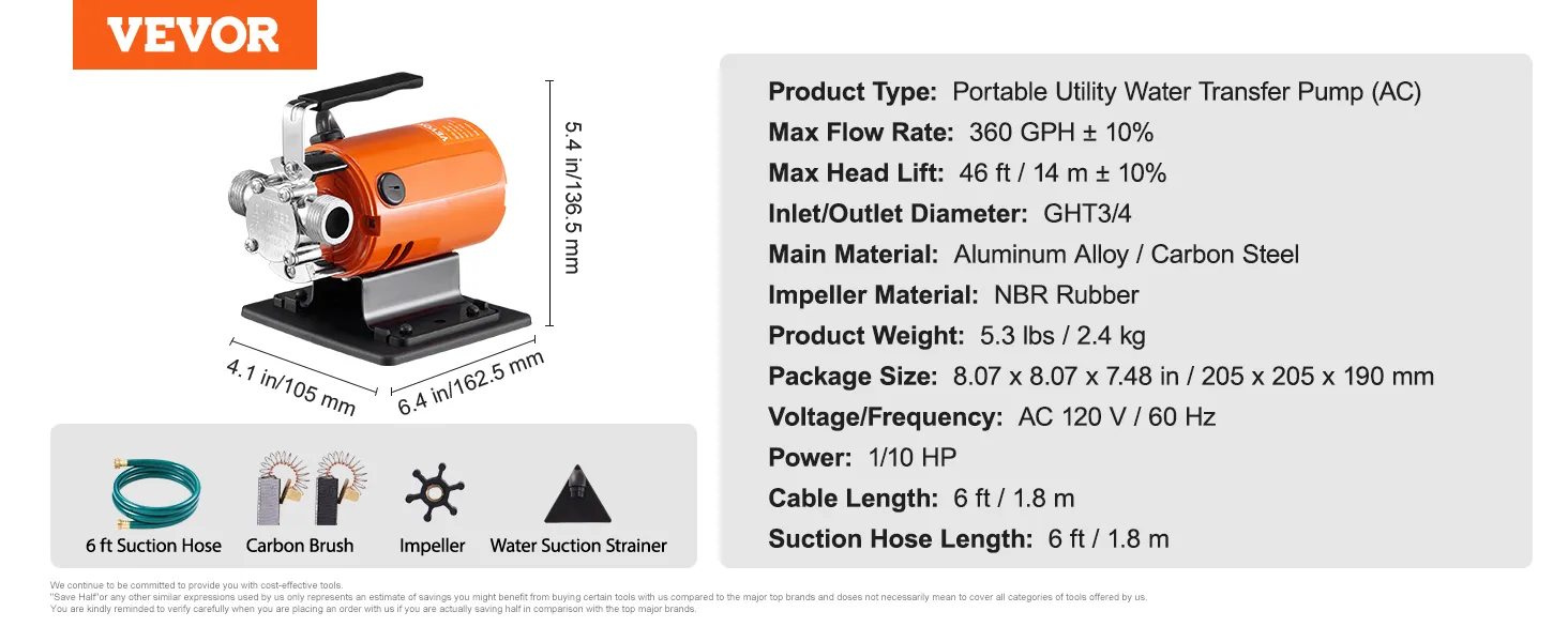 VEVOR Water Transfer Pump, 120V AC 360 GPH 1/10 HP, Portable Electric ...