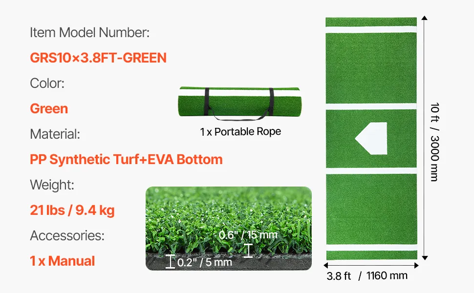 VEVOR 10x3.8 ft Baseball Softball Hitting Batting Mat, Indoor/Outdoor ...