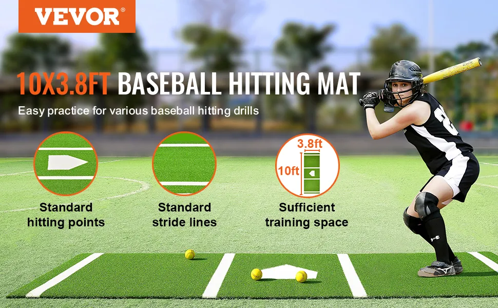 VEVOR Baseball Softball Hitting Batting Mat, 10' x 3.8' Indoor/Outdoor ...