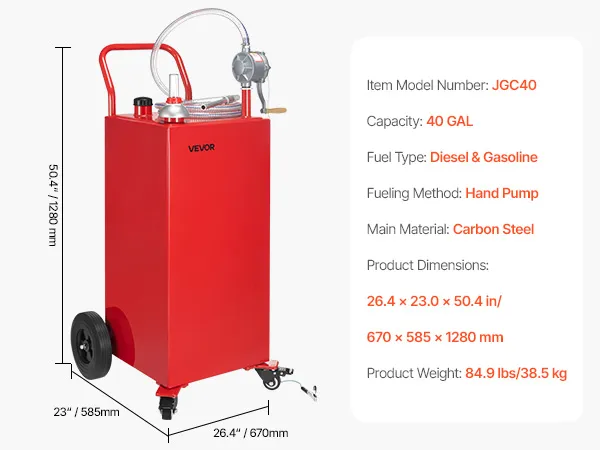 VEVOR 40 Gallon Fuel Tank with Pump – 10ft hose, 4-Wheel