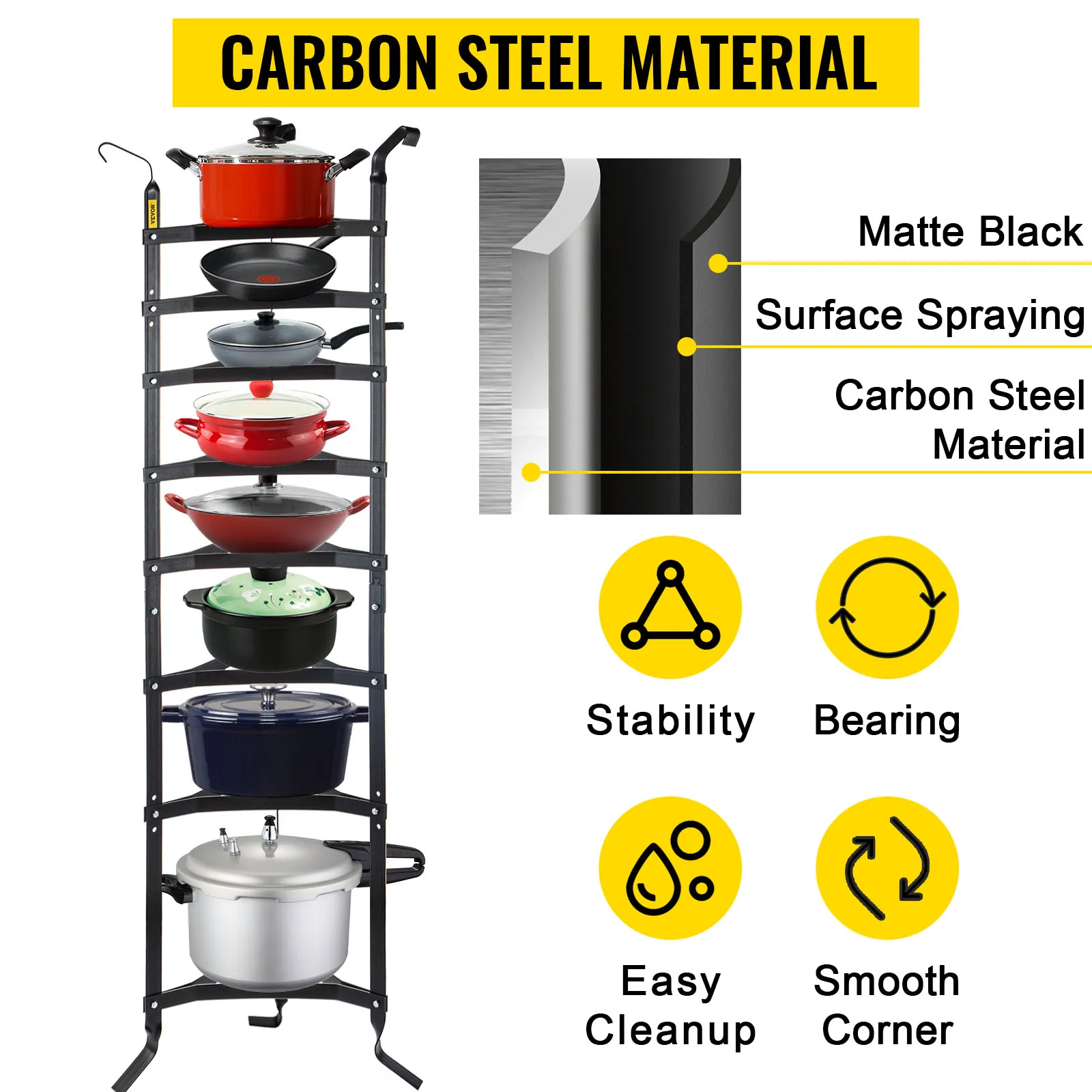 VEVOR 8-Tier Cookware Stand, 68-inch Multi-Layer Pot Rack, Carbon Steel ...