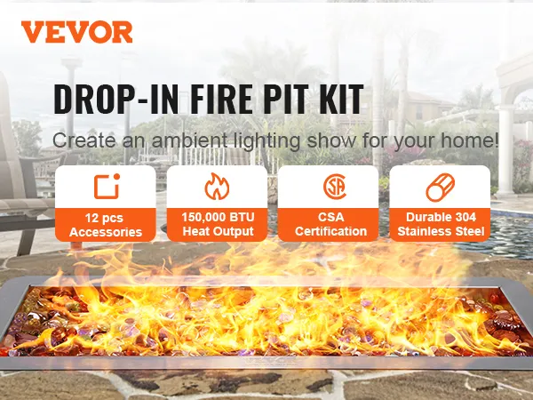 VEVOR 36 x 12 inch Drop-in Fire Pit Pan, Rectangular Stainless Steel ...