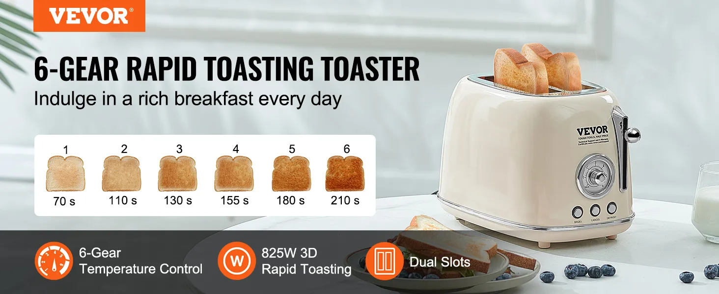 VEVOR Brushed Stainless Steel Toaster, 2 Slice, 825W 1.5'' Extra Wide Slots Toaster with ...