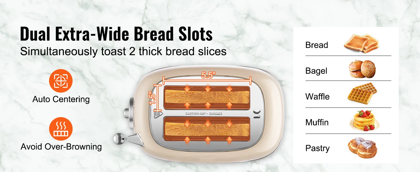 VEVOR Brushed Stainless Steel Toaster, 2 Slice, 825W 1.5'' Extra Wide ...