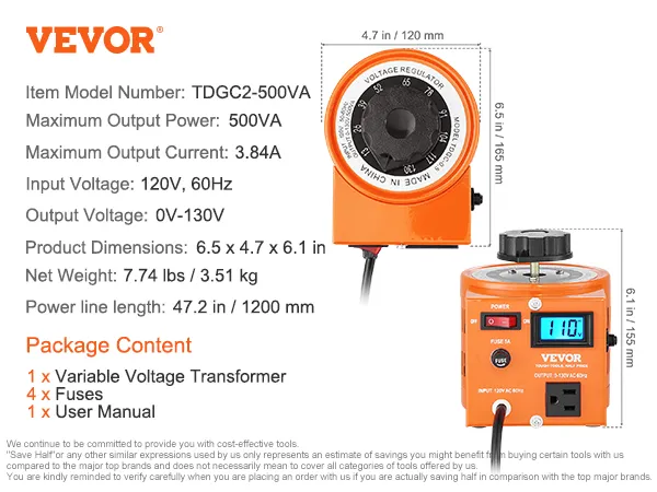 VEVOR 500VA Auto Variable Voltage Transformer, 3.84 Amp, 110V Input 0 ...