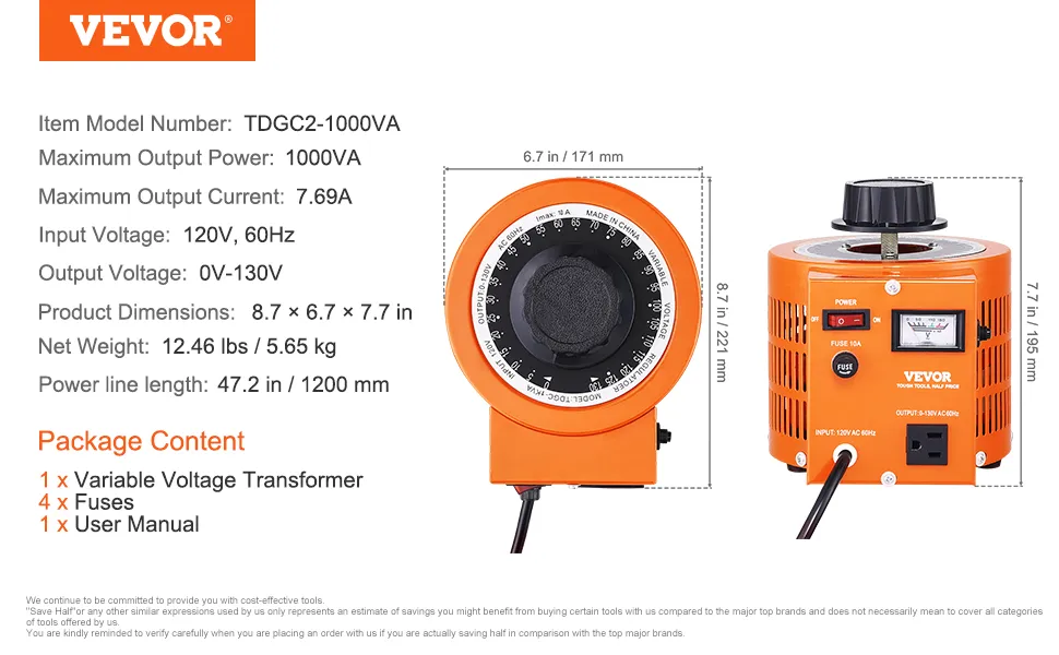 Vevor 1000va Auto Variable Voltage Transformer 7 69 Amp 110v Input 0 130v Output Ac Voltage