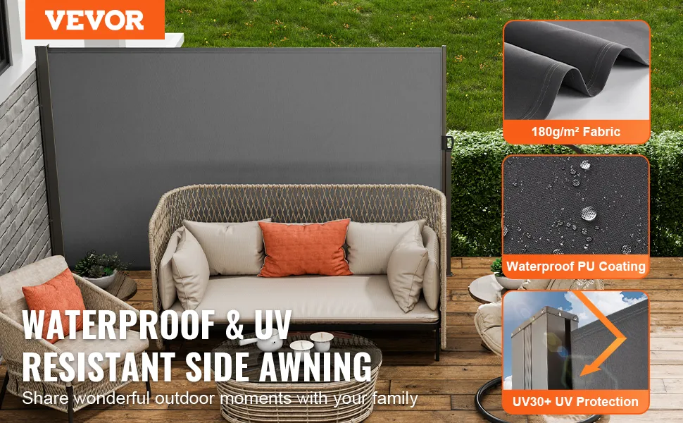 VEVOR Retractable Side Awning, 63''x 118'' Outdoor Privacy Screen, 180g Polyester Water-proof ...
