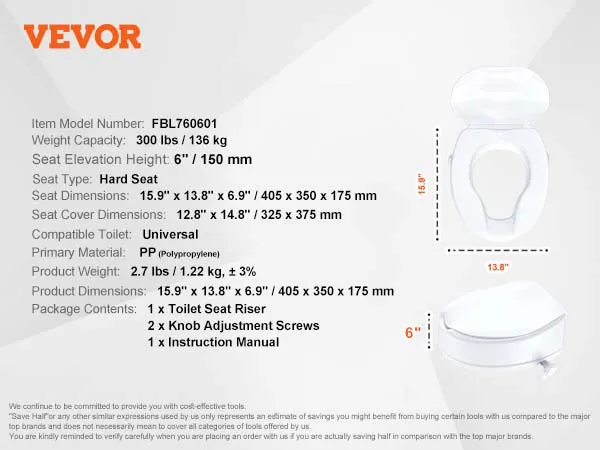 VEVOR Raised Toilet Seat 5" Raised 300 lbs Universal Toilet Riser for ...